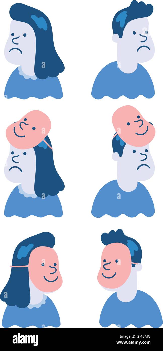 Hand drawn vector illustration of sad people under happy mask Stock ...