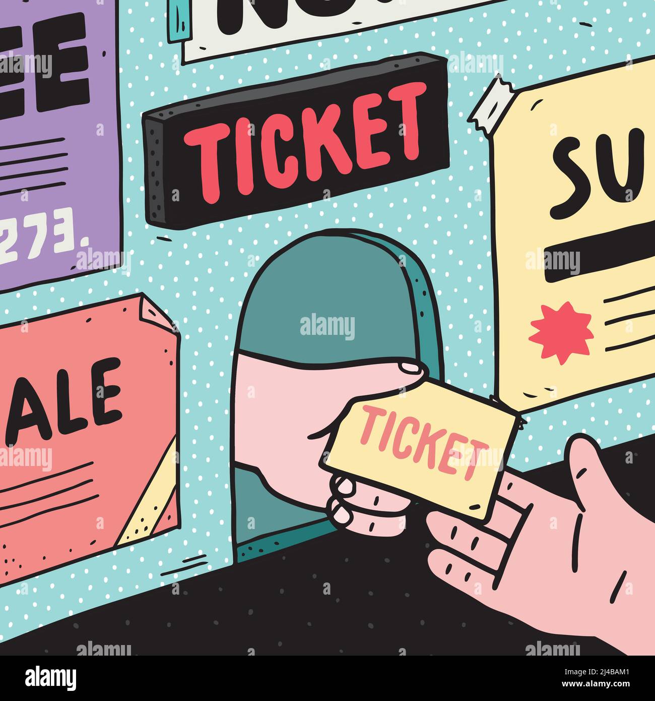 Hand drawn vector illustration of seller giving tickets to another hand ...