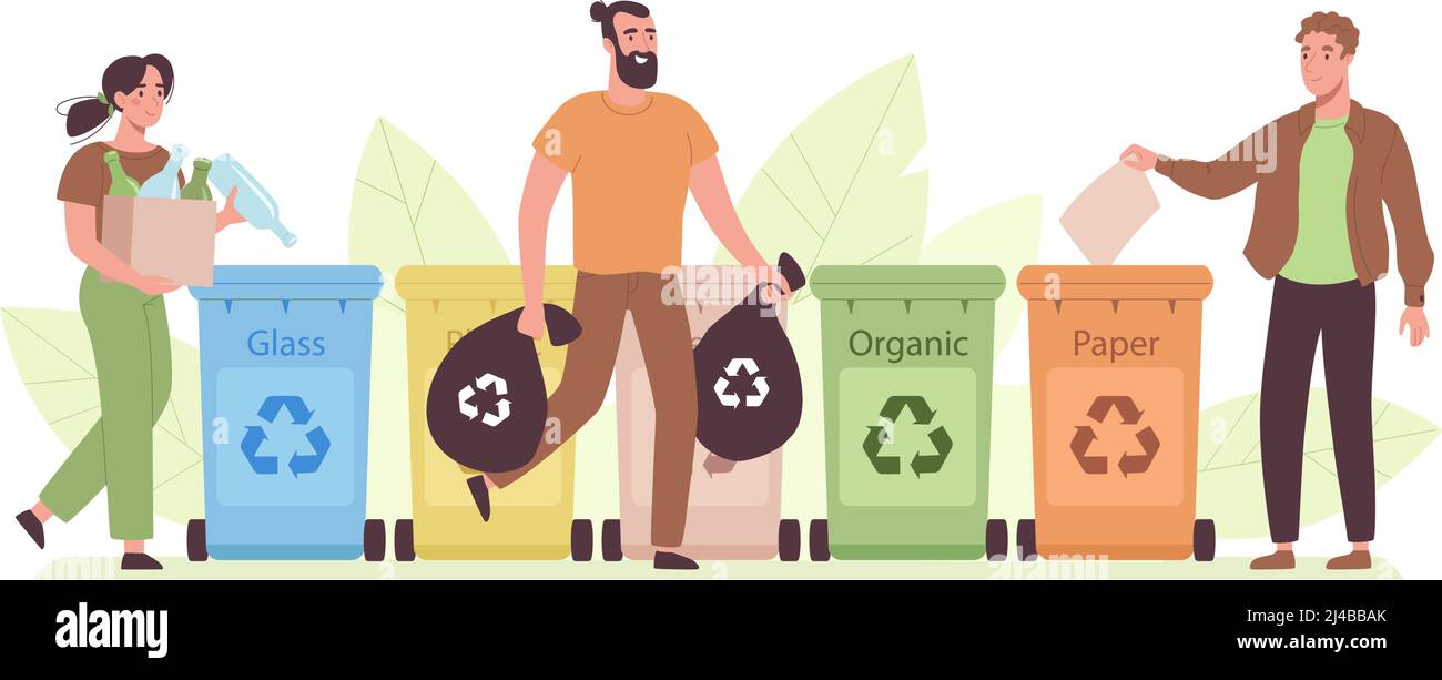 Men and a woman sort waste. Garbage sorting vector illustration in flat ...