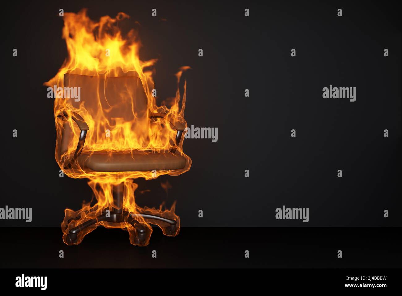 burning office chair on black background with copy space. 3d rendering ...
