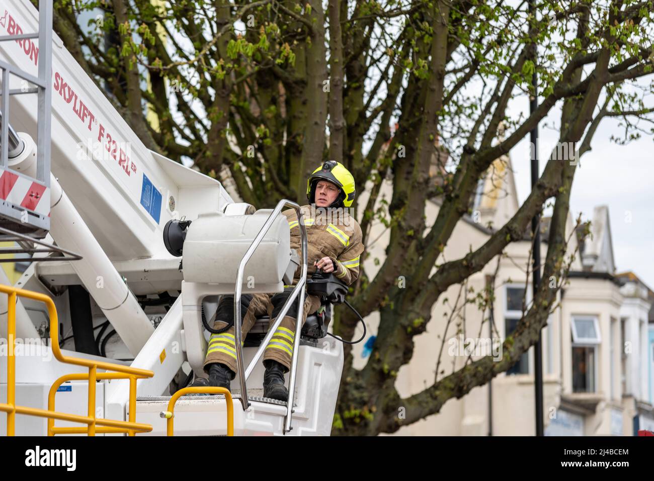 Firefighter on Essex County Fire & Rescue Service Angloco Scania P310 ...