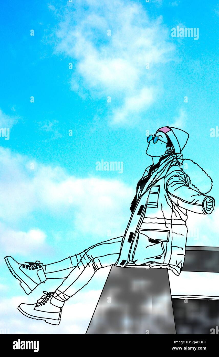 Happy girl sitting on rooftop illustration Stock Photo - Alamy