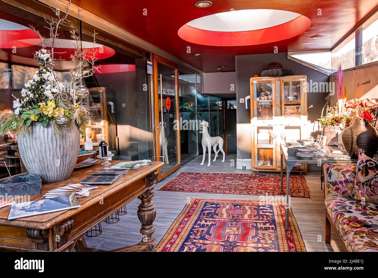 Assorted various magazines placed on table in lobby at luxury hotel ...