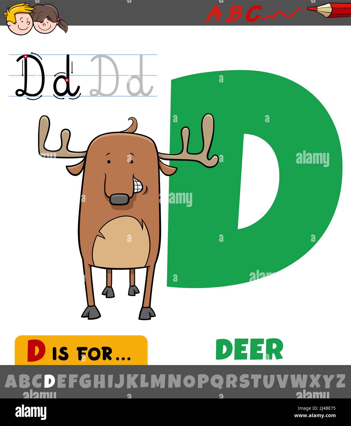 Educational cartoon illustration of letter D from alphabet with deer ...