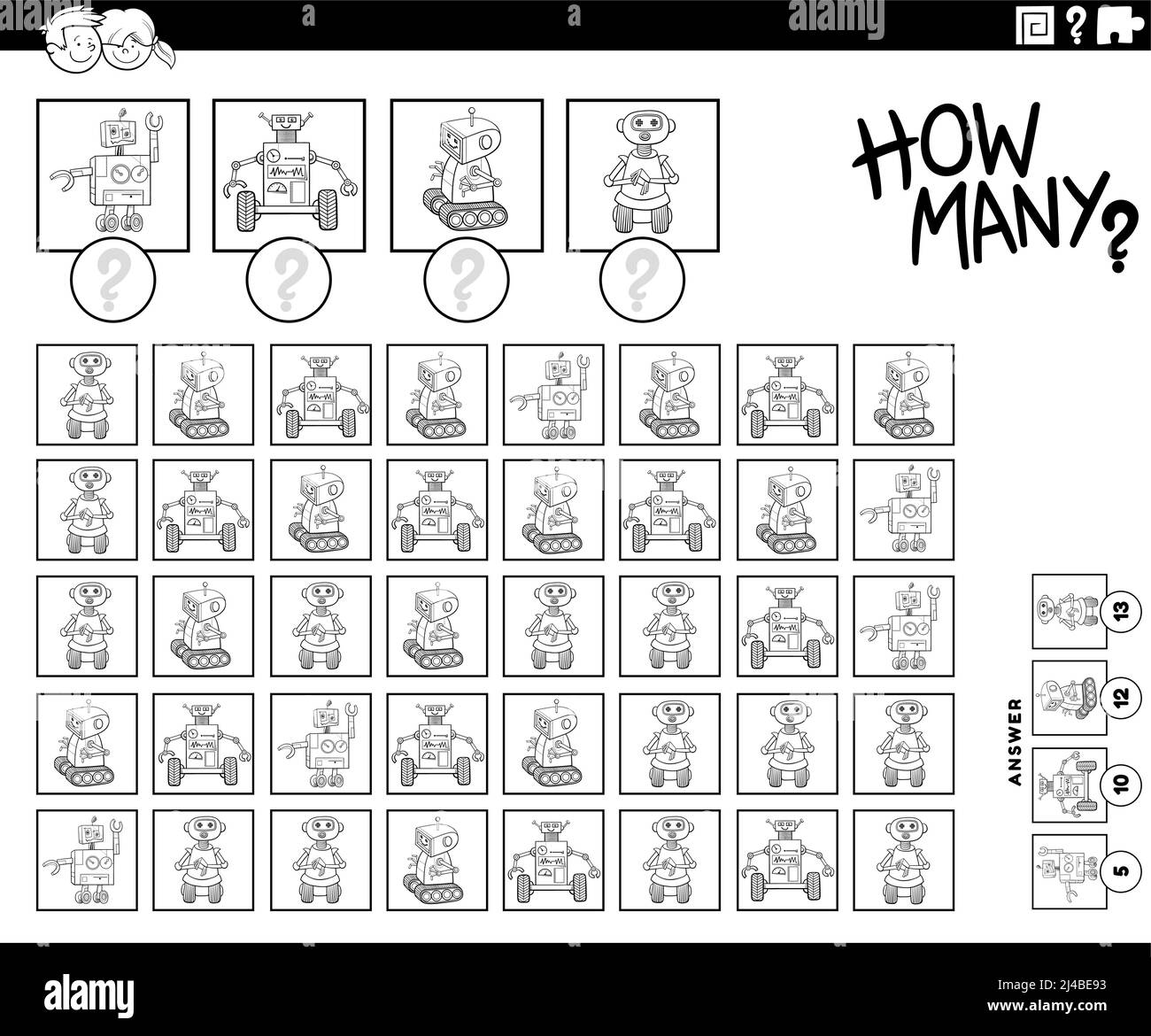 Black and white illustration of educational counting game for children ...