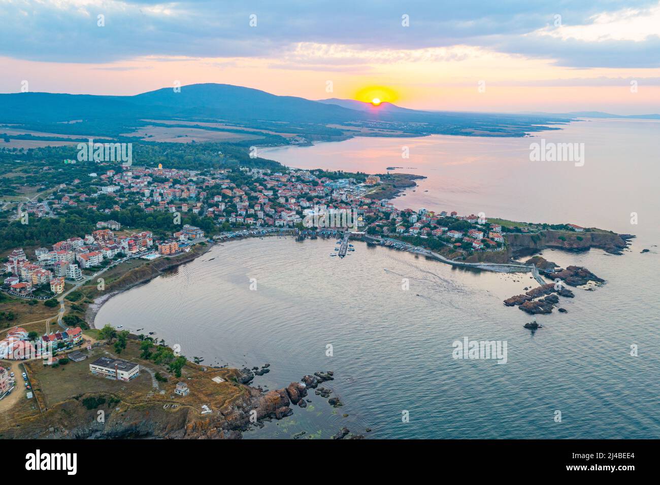 Sunset aerial view of Bulgarian seaside town Ahtopol Stock Photo - Alamy