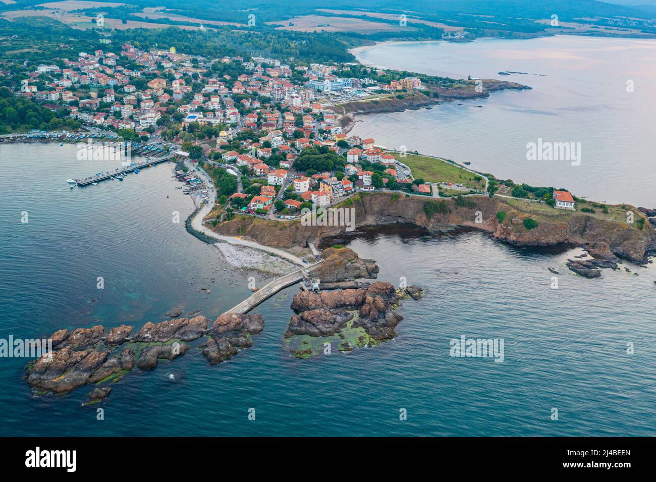 Sunset aerial view of Bulgarian seaside town Ahtopol Stock Photo - Alamy