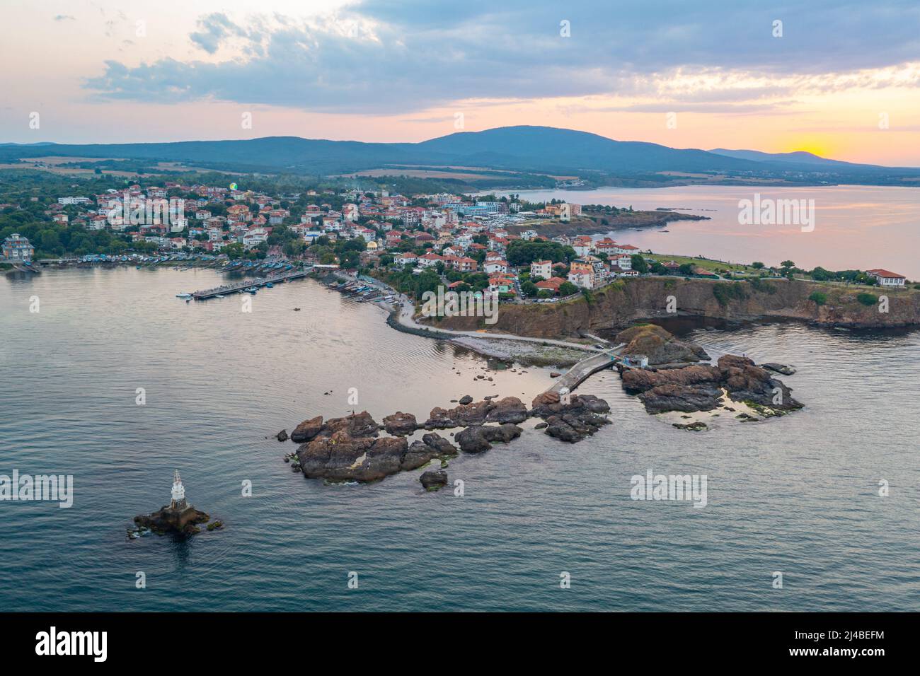 Sunset aerial view of Bulgarian seaside town Ahtopol Stock Photo - Alamy
