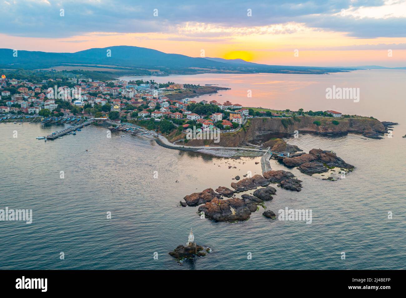 Sunset aerial view of Bulgarian seaside town Ahtopol Stock Photo - Alamy