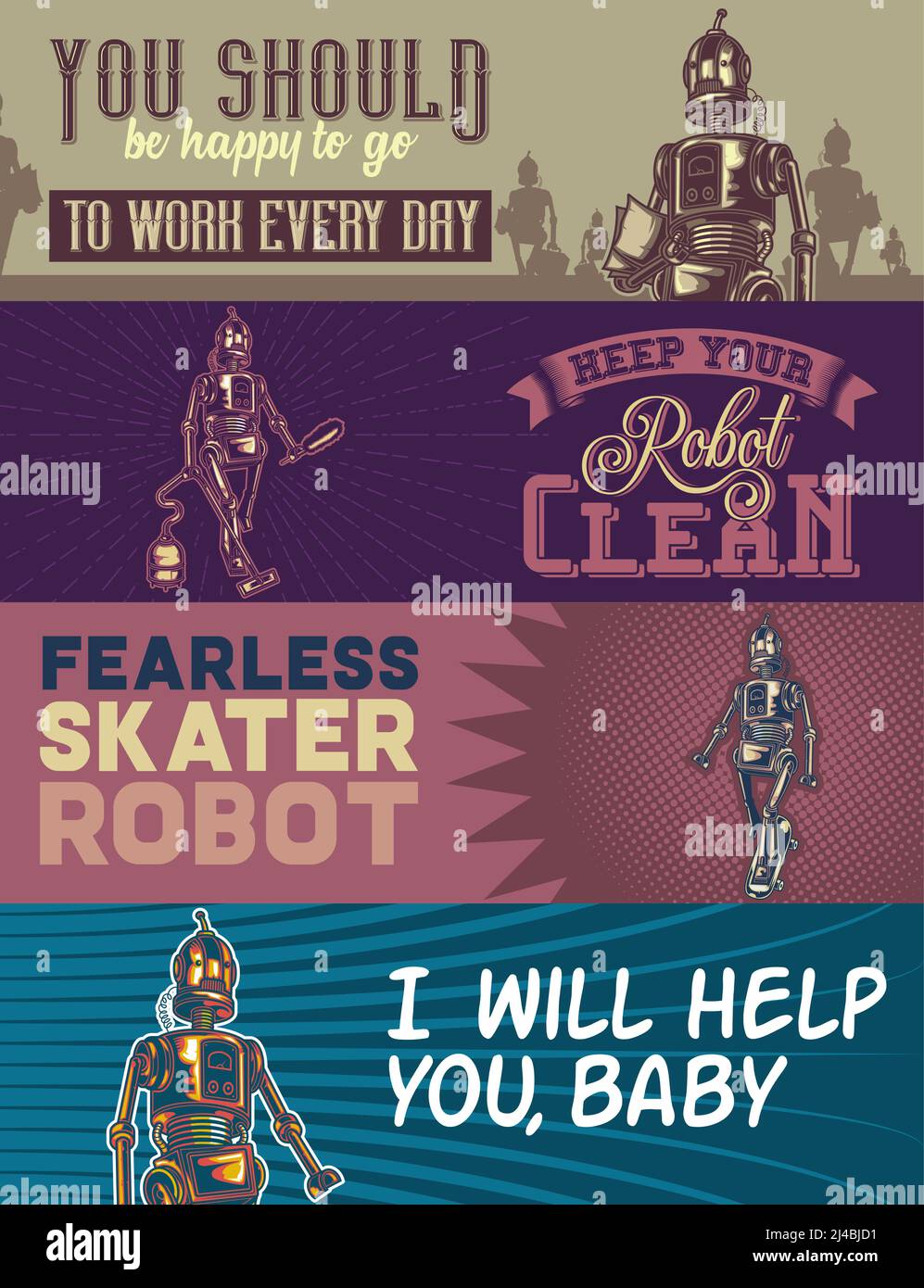 Web banner template with illustrations of a robot with hoover, bag, and ...