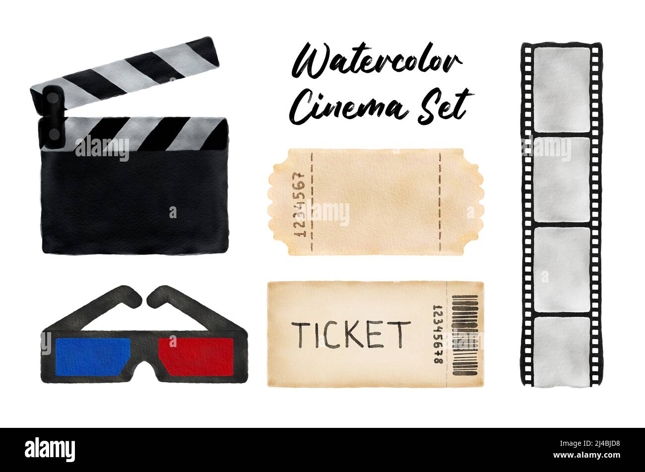 Set of watercolor cinema elements. Movie clapper board, ticket, glass ...