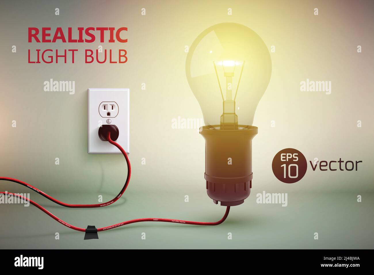 Background with realistic shining filament lamp on wire plugged in bulb ...