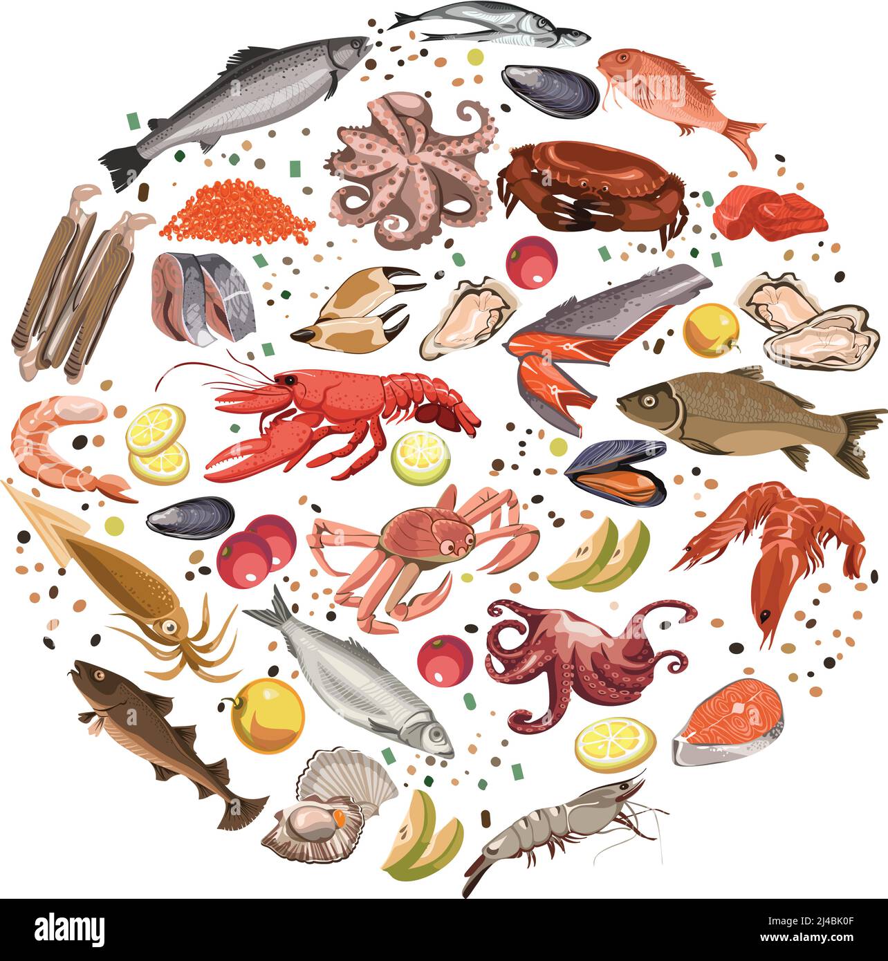 Colorful sketch seafood products round concept with sea and ocean ...
