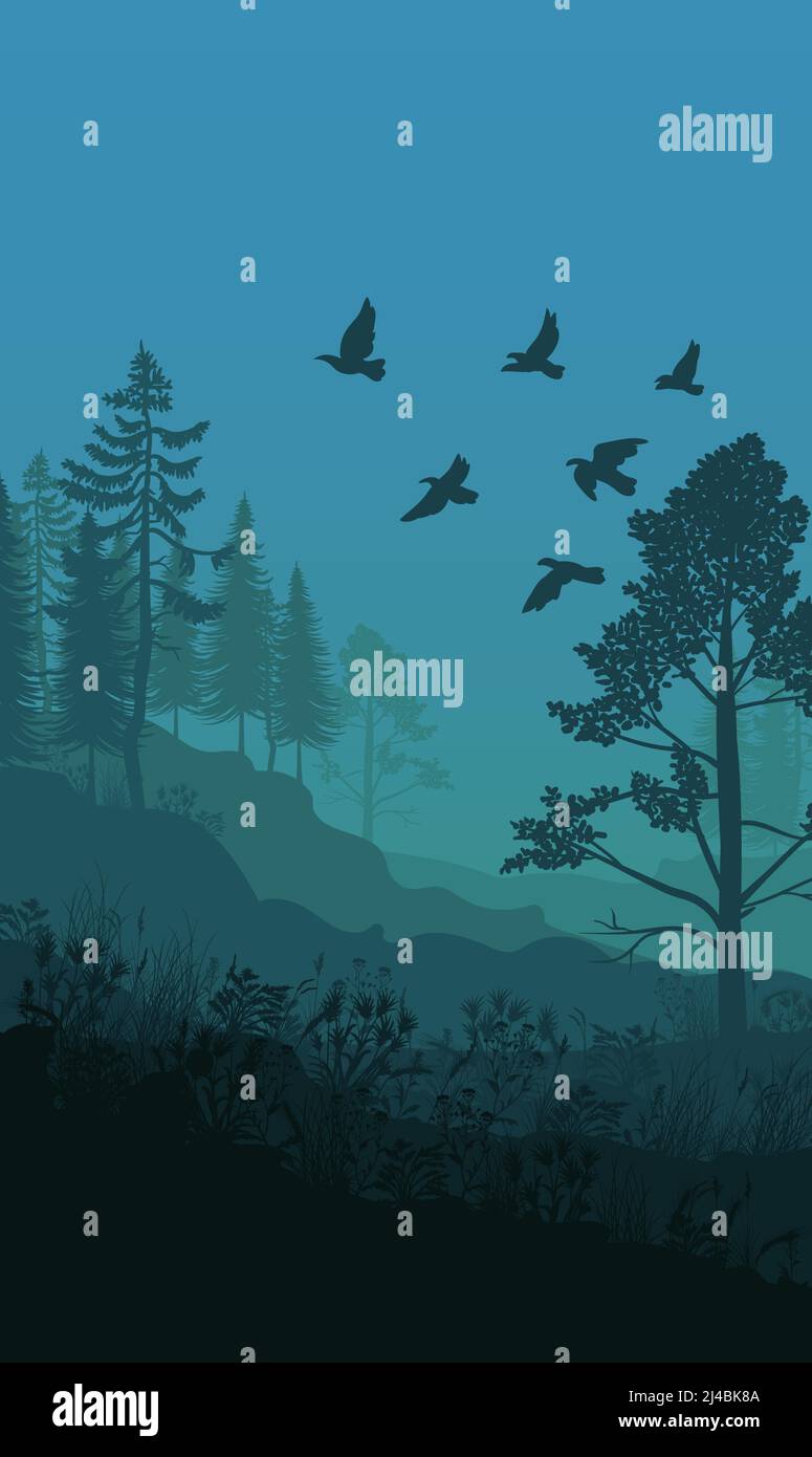 Autumn nature landscape template with trees grass flowers and flock of ...
