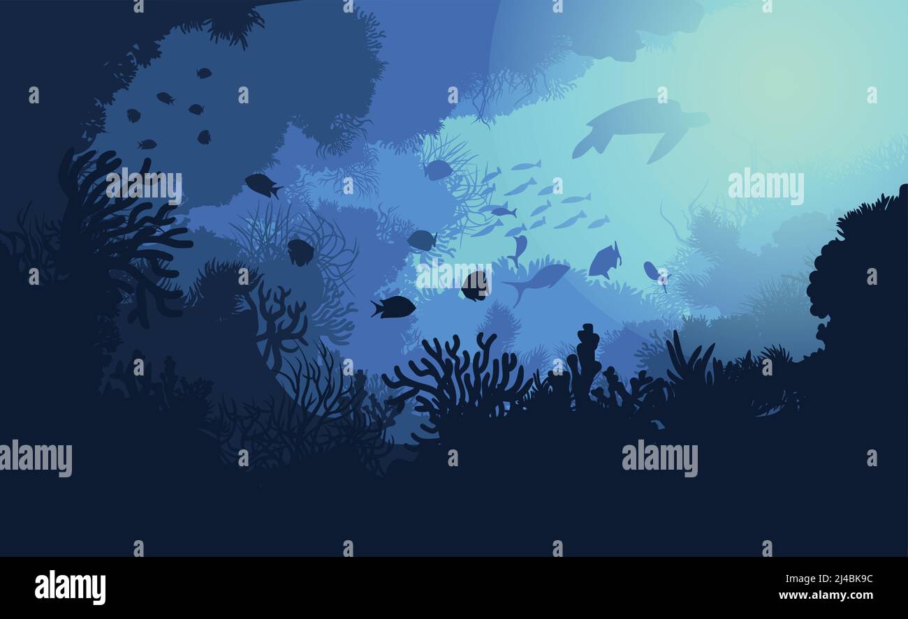 Colorful underwater life template with marine plants swimming fishes ...