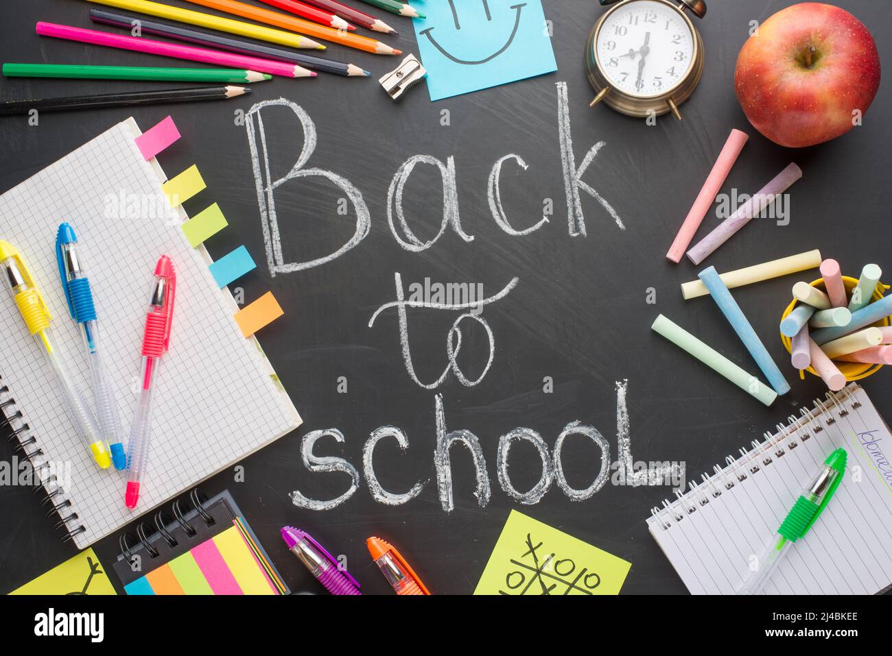 Text Back To School Chalk Drawing Elements on Blackboard Background ...