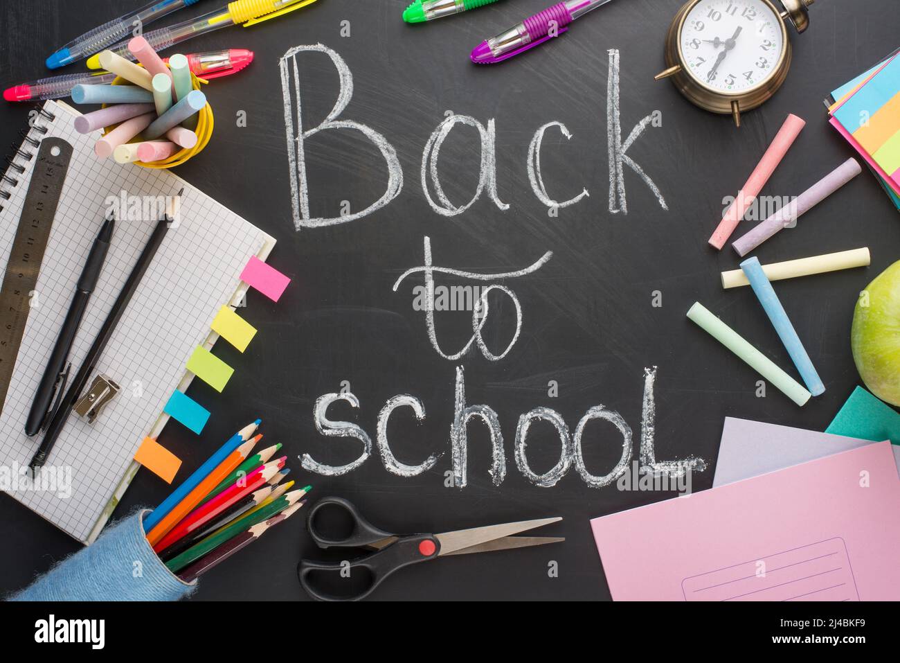 Text Back To School Chalk Drawing Elements on Blackboard Background ...
