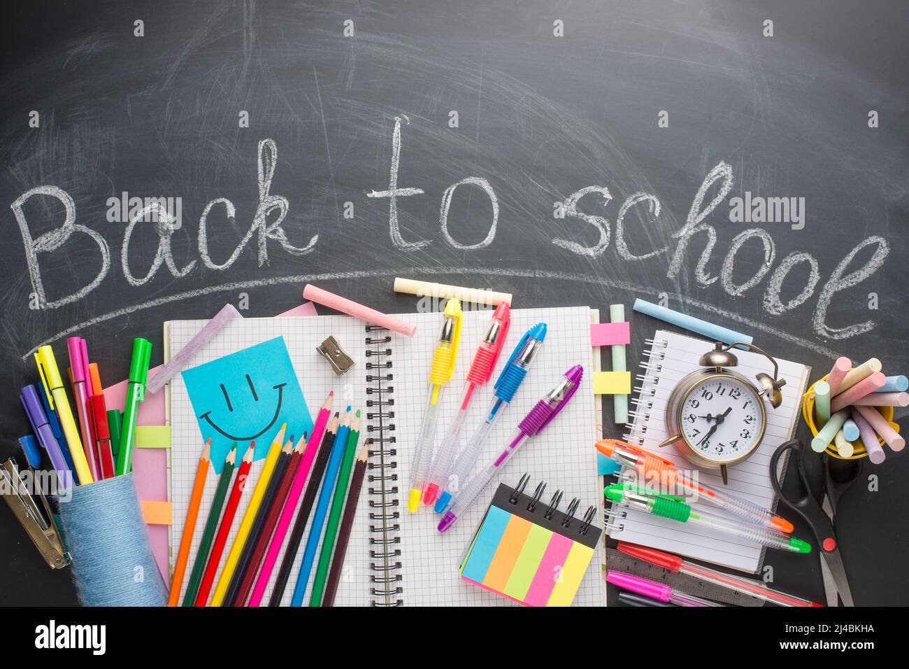 Text Back To School Chalk Drawing Elements on Blackboard Background ...