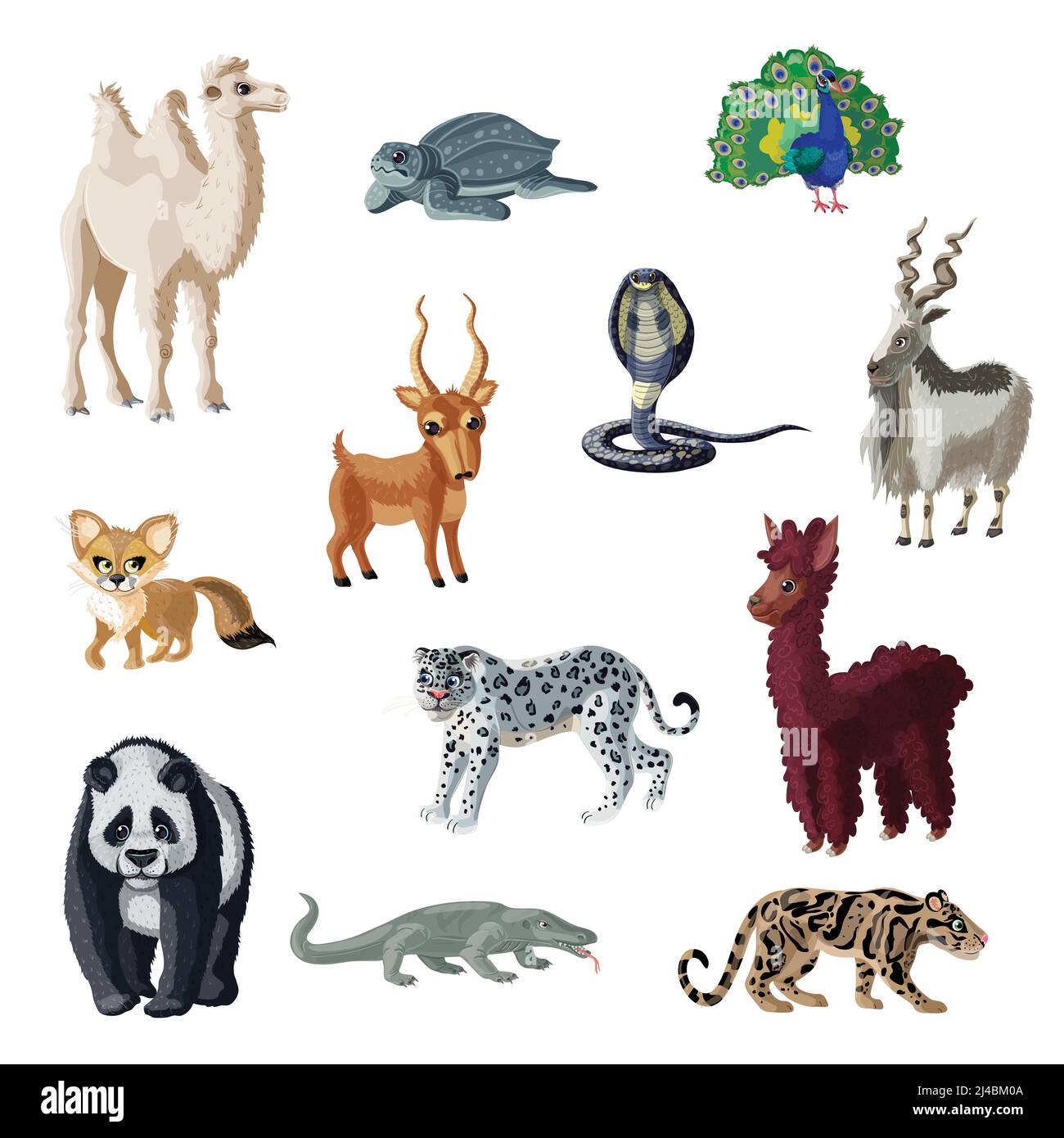 Cartoon colorful asian animals collection with wild mammals reptiles ...