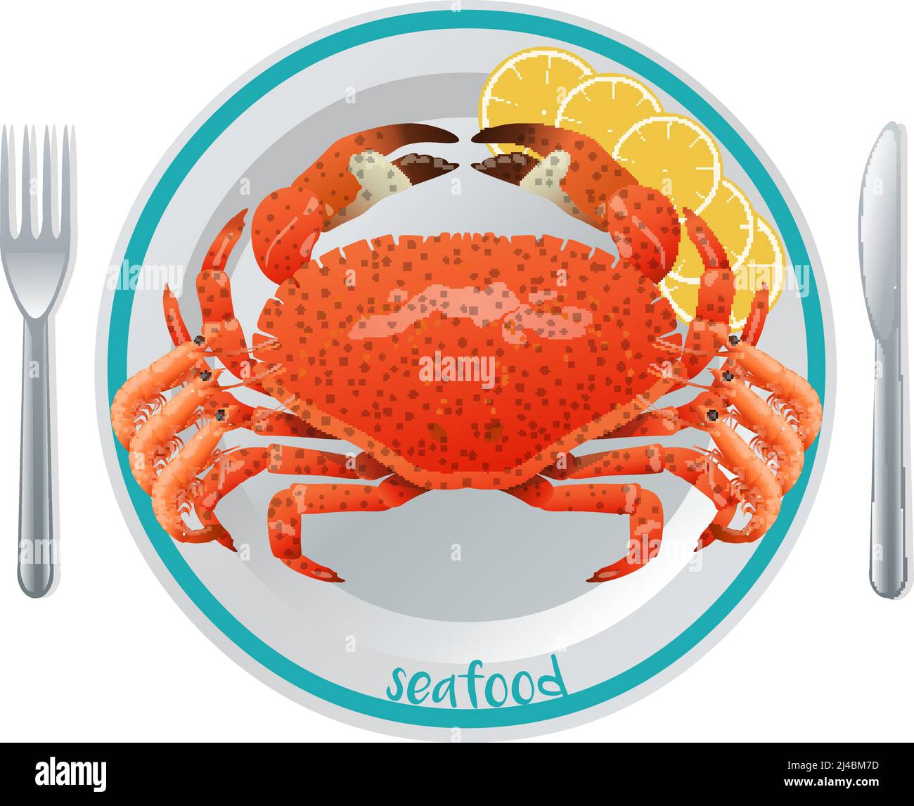Cartoon seafood meal concept with crab lemon slices on plate fork and ...