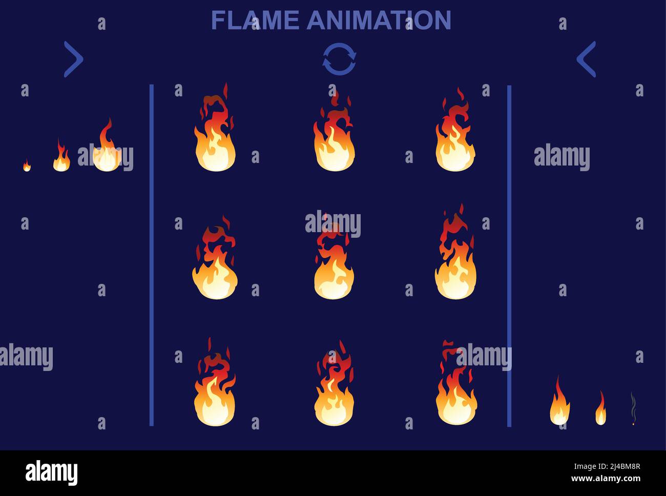 Bright fire flame animation set of different shapes for game design in ...