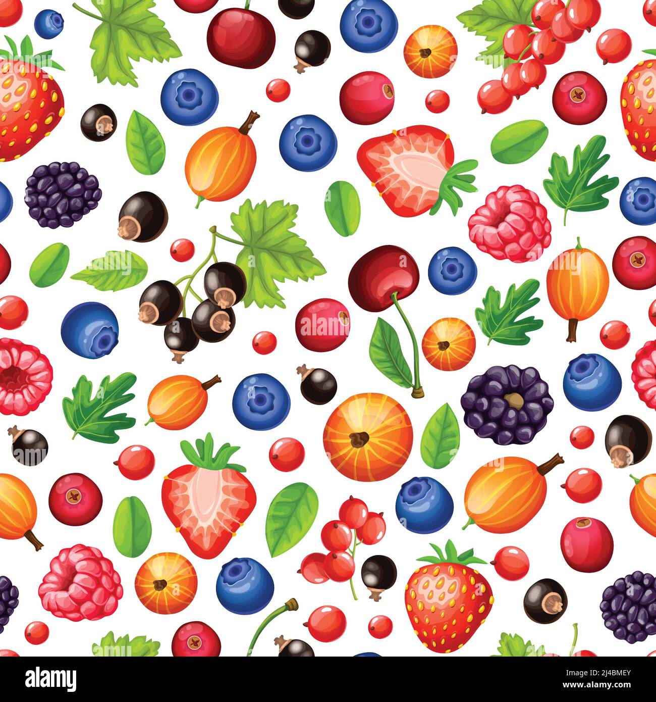 Colorful ripe forest berries seamless pattern with green leaves in ...