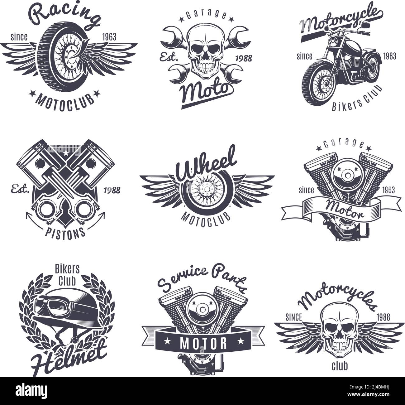 Vintage monochrome motorcycle labels set with wheel wings skull bike ...