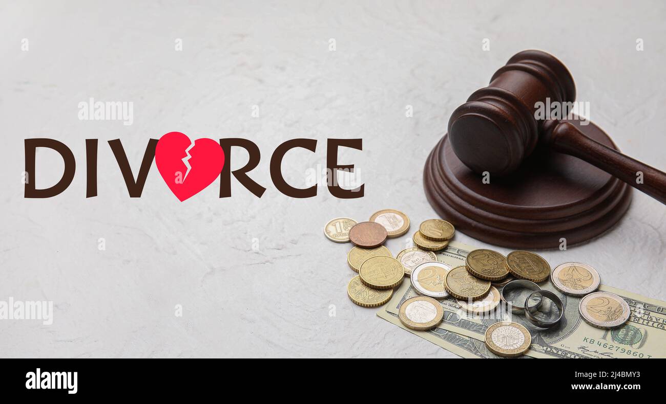 Judge's gavel, wedding rings and money on light background. Concept of ...