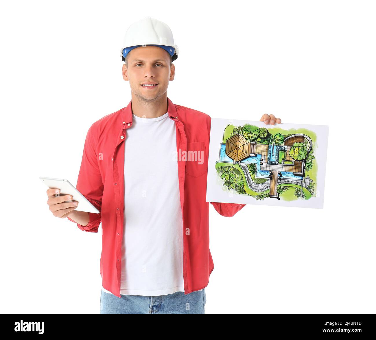 Young male landscape designer with new project and tablet computer on ...