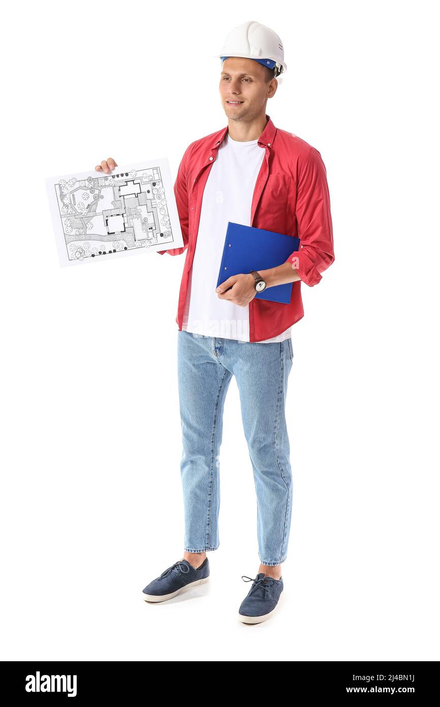 Young male landscape designer with new project on white background ...