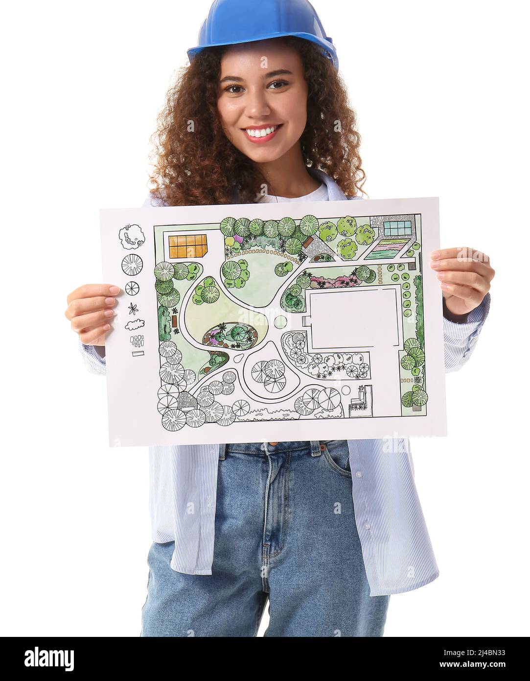Young female landscape designer with new project on white background ...