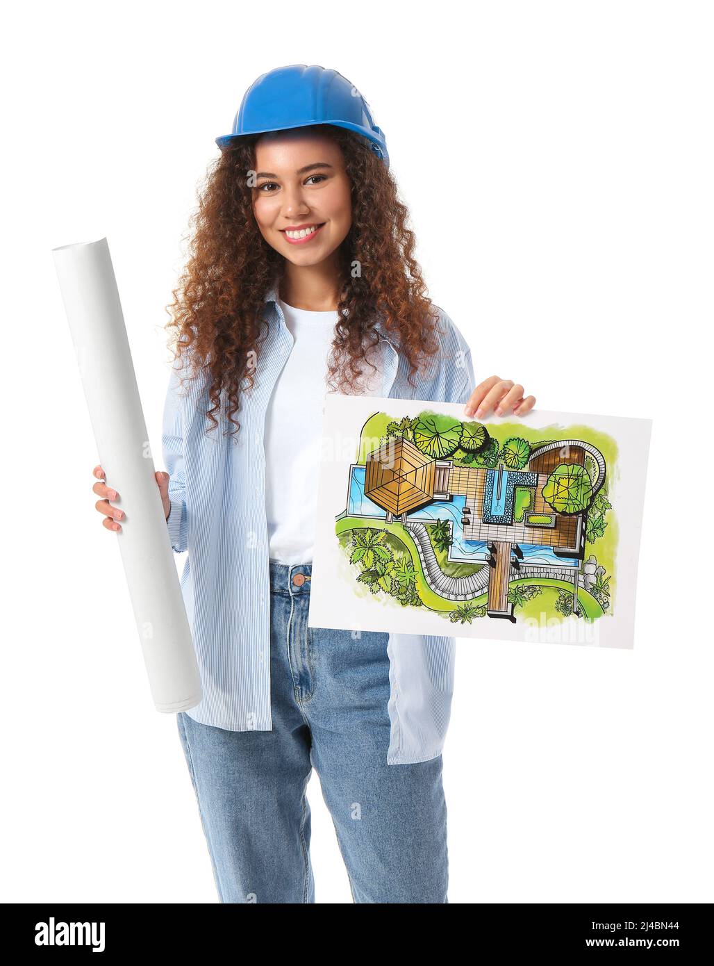 Young female landscape designer with new project and drawings on white ...