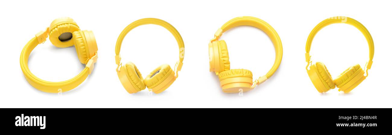 Set of modern yellow headphones isolated on white Stock Photo - Alamy
