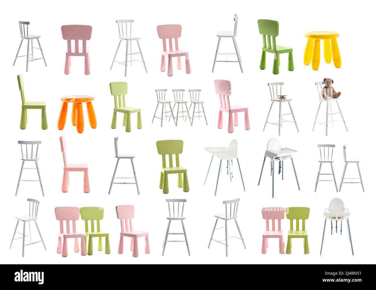 Set of different chairs for baby isolated on white Stock Photo - Alamy