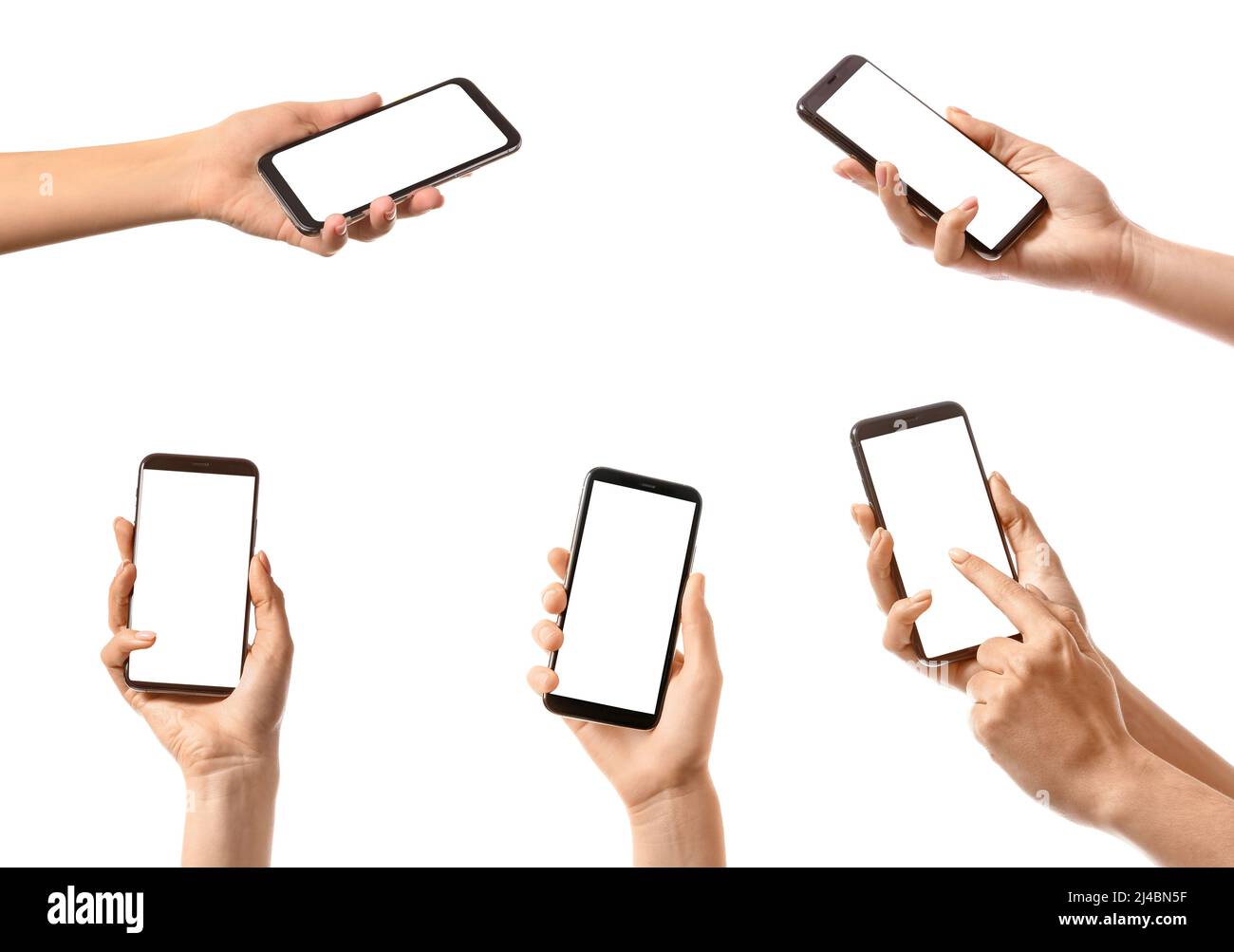 Set of hands holding smartphones with blank screens isolated on white ...