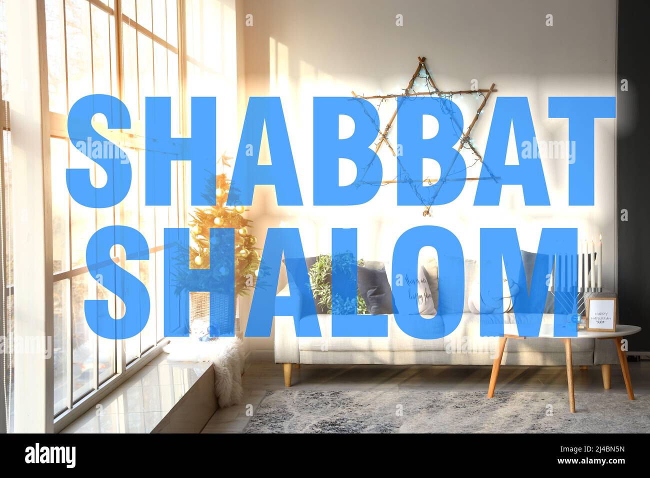 Double exposure of text SHABBAT SHALOM and interior of room Stock Photo ...