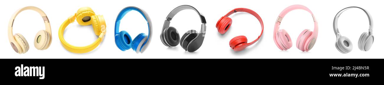 Set of colorful modern headphones isolated on white Stock Photo - Alamy