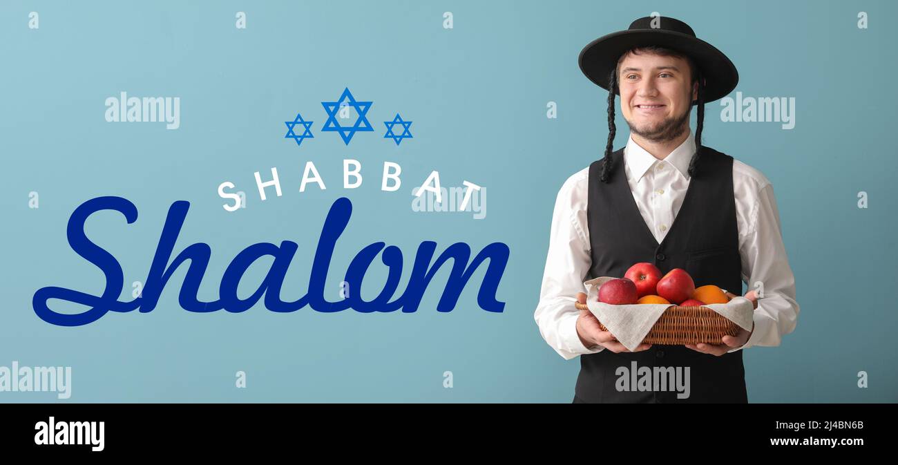 Hasidic Jewish man with basket of fruits and text SHABBAT SHALOM on ...