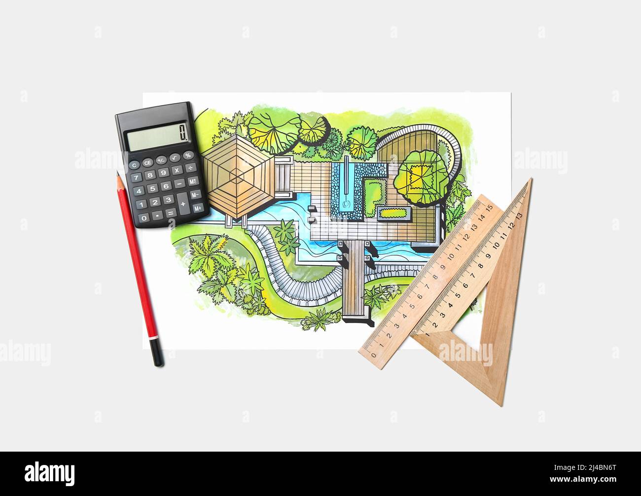 Landscape designer's plan with stationery and calculator on light ...