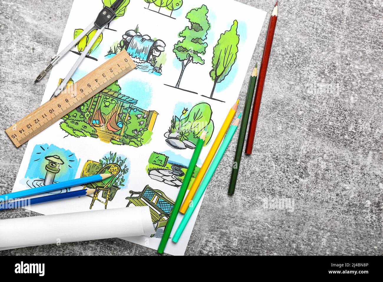 Paper sheet with sketches for landscape design and stationery on grunge ...