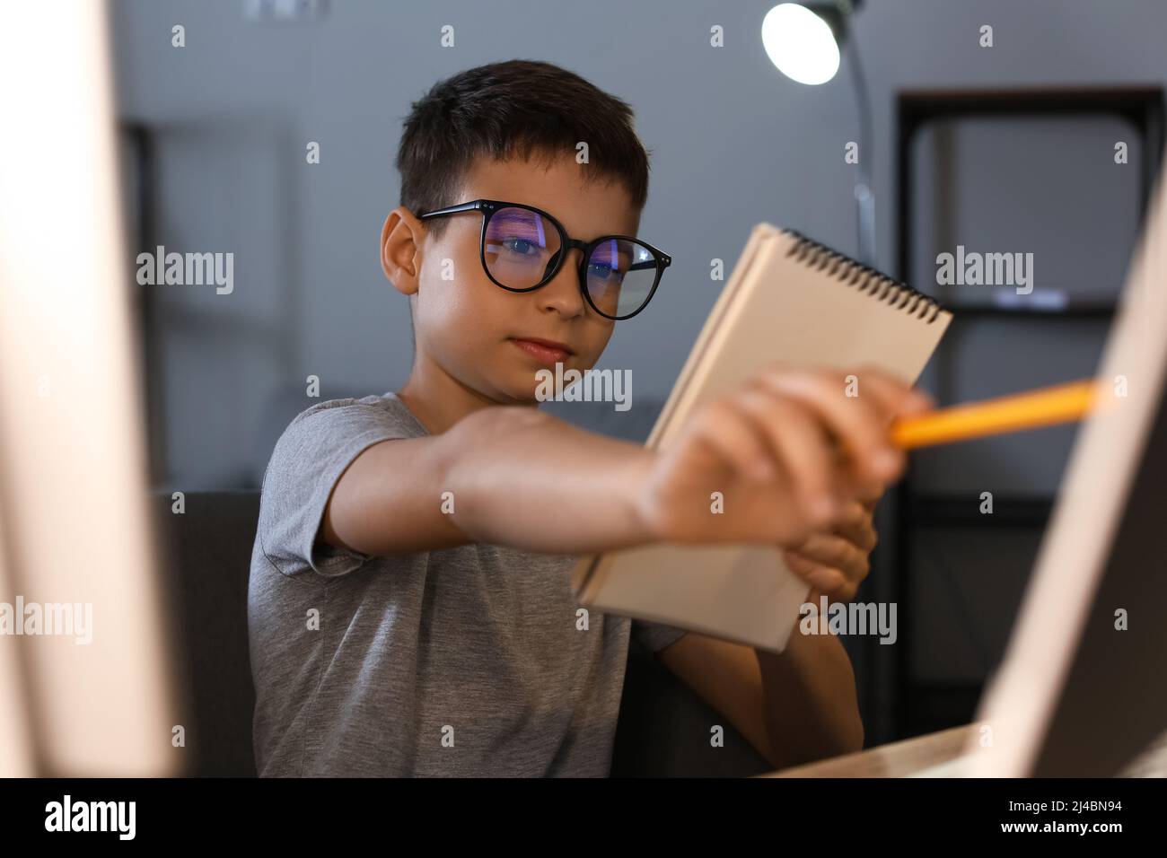 Cute little programmer pointing at computer monitor at home Stock Photo ...