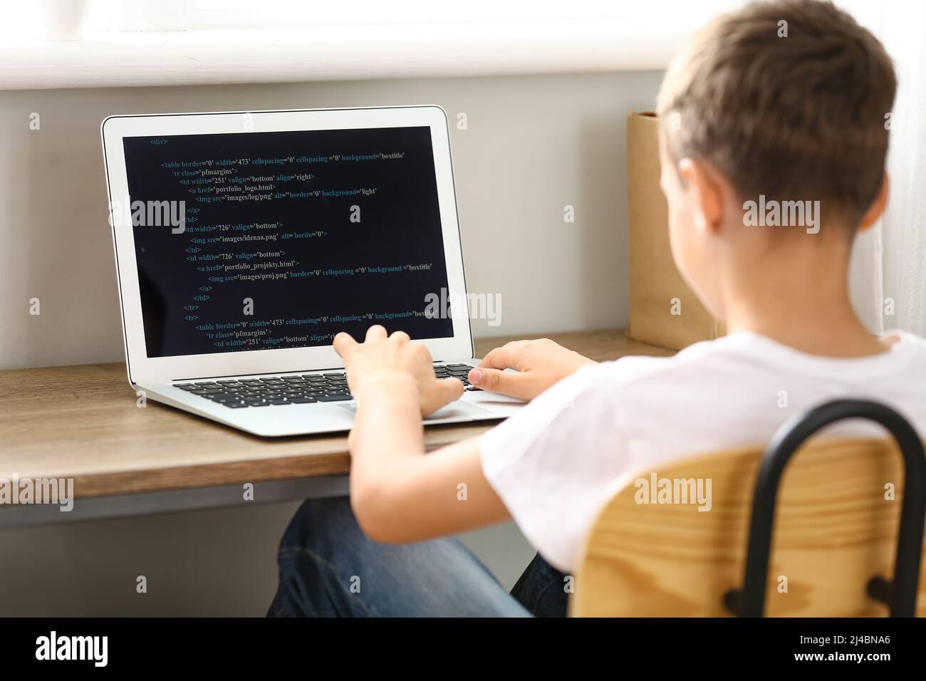 Cute little programmer using modern laptop at home Stock Photo - Alamy