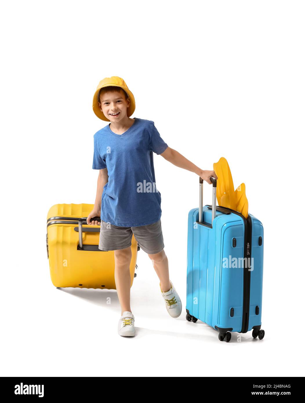Going little boy with packed suitcases on white background Stock Photo ...