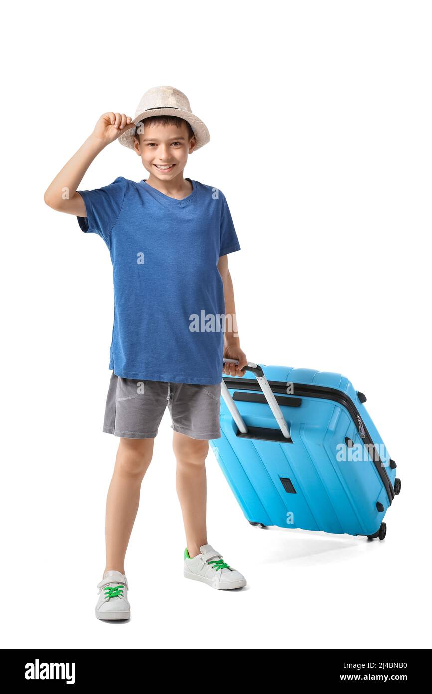 Adorable little boy with suitcase on white background Stock Photo - Alamy