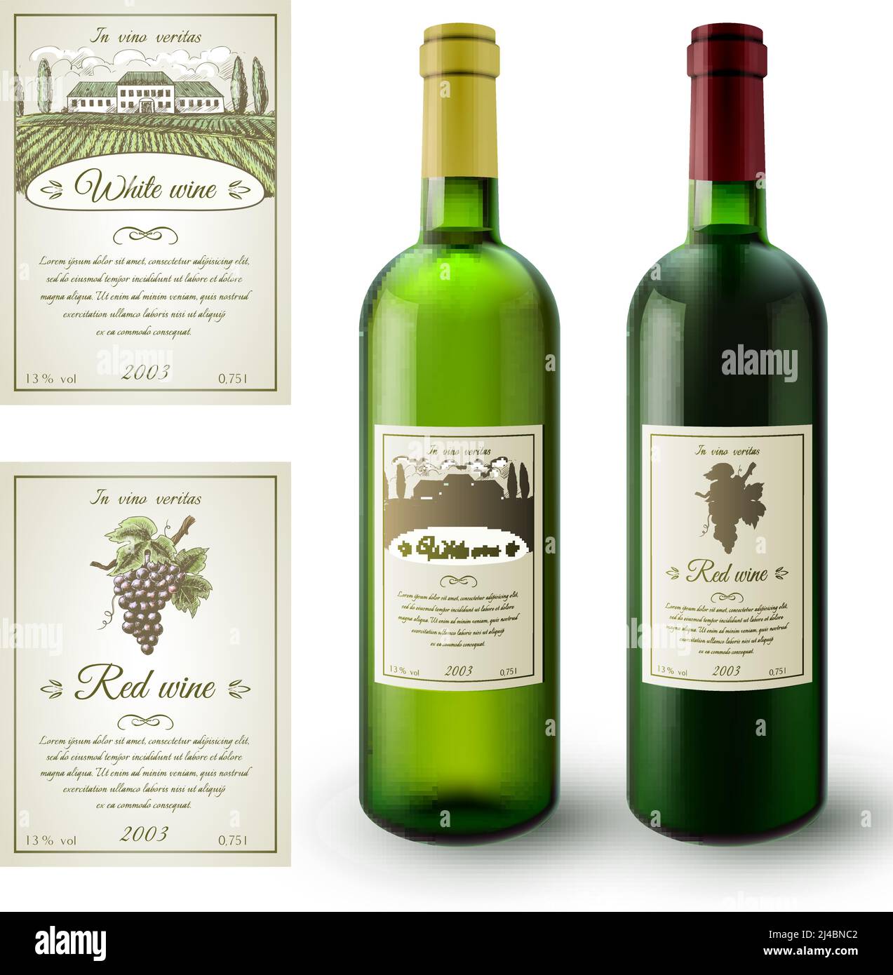 Wine realistic bottles and paper sticky labels set isolated vector ...