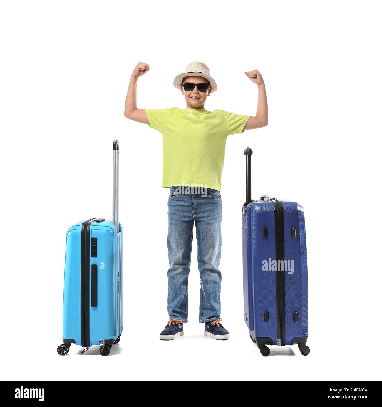 Cute little boy with suitcases isolated on white Stock Photo - Alamy
