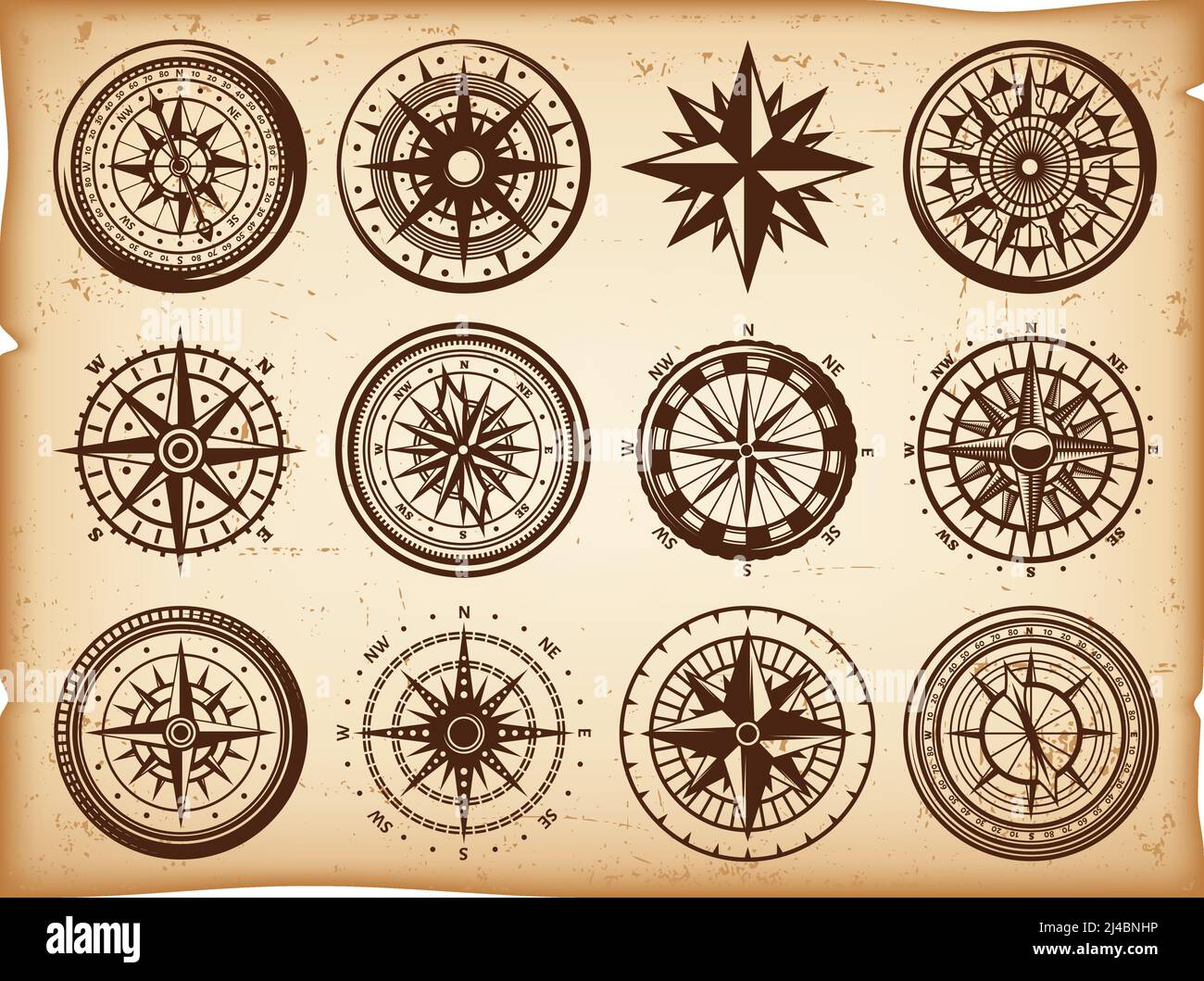 Vintage nautical compasses icons set in different shapes on parchment ...