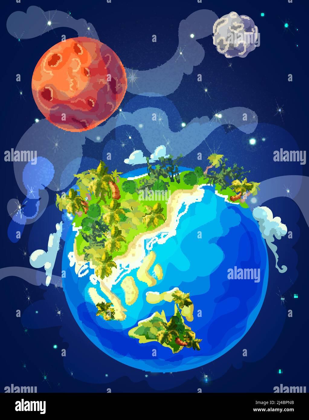 Cartoon natural Earth globe template with tropical landscape mars ...
