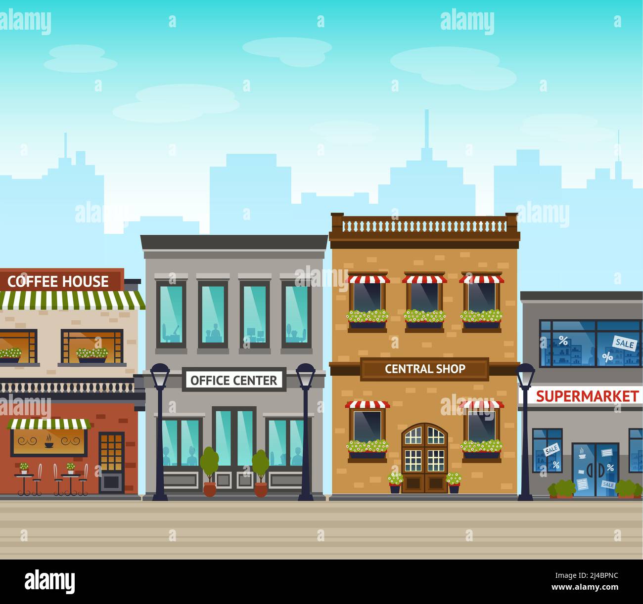 Downtown street with stores and supermarket line exterior and city ...