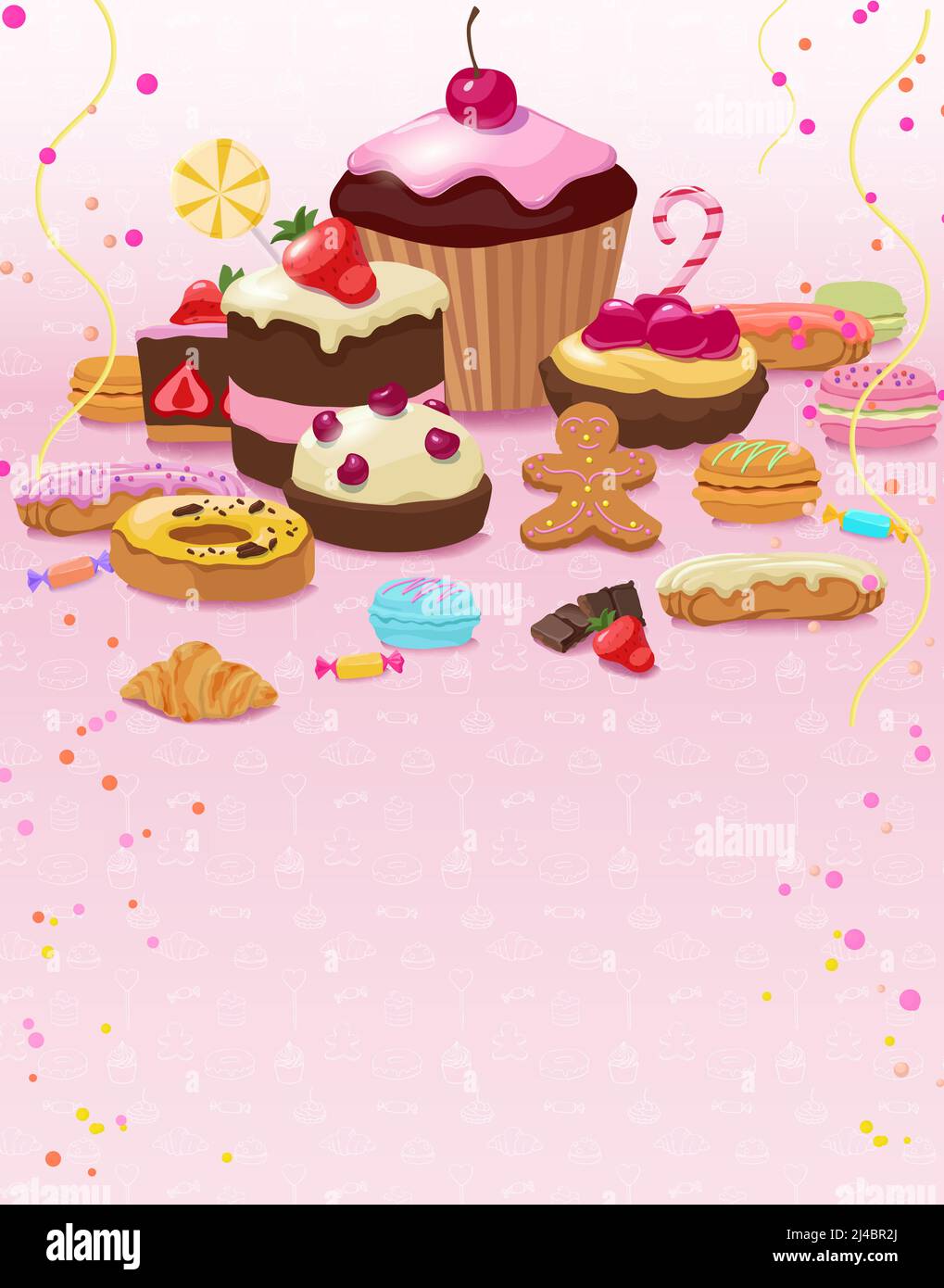 Colorful pastry and confectionery template with desserts baking and ...